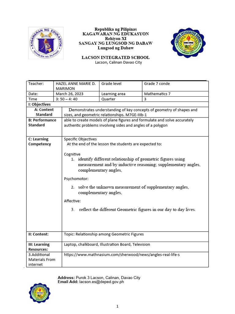 lesson plan in Aralpan | PDF | Learning | Geometry