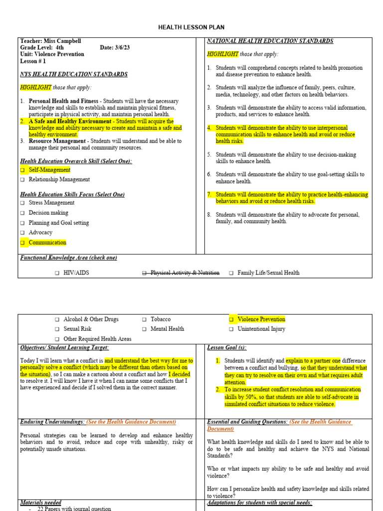 4th Grade Violence Prevention Lesson Plan | PDF | Educational ...