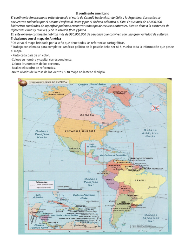 El Continente Americano Mapa Actividaes | PDF | Américas | América del Sur
