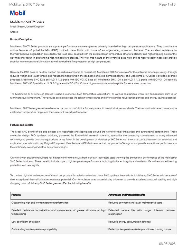 GL XX Mobiltemp SHC Series | PDF | Bearing (Mechanical) | Exxon Mobil