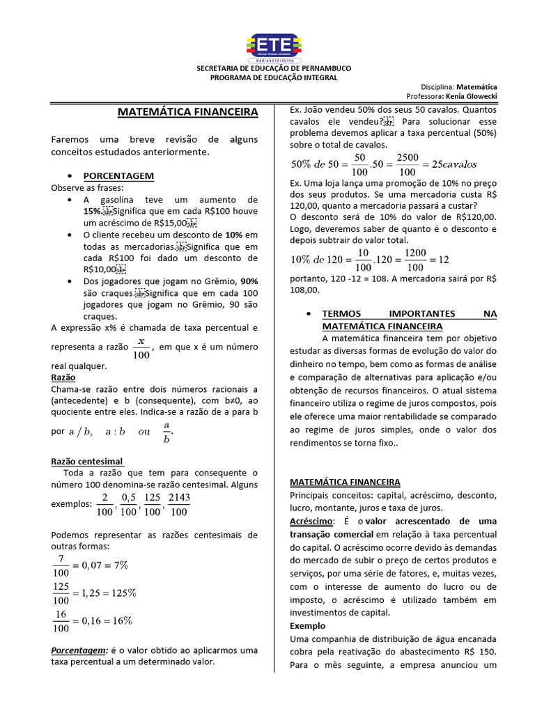 Apostila de Matemática | PDF | Juros | Economias