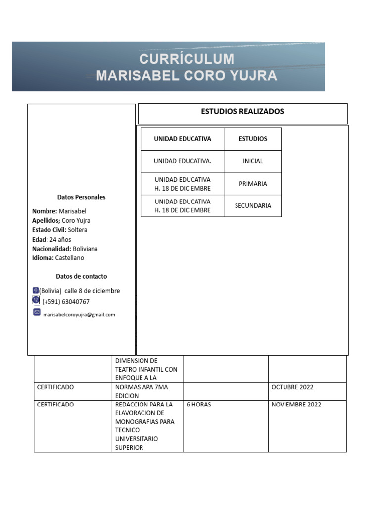 Cursos y Certificados de Marisabel Coro | PDF
