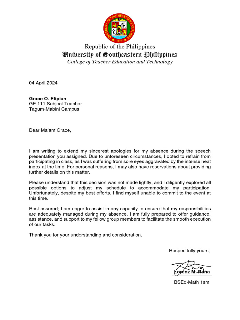 Excuse Letter | PDF