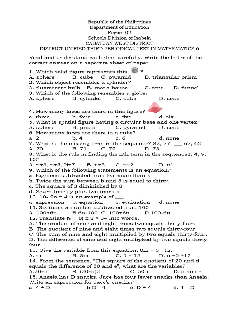 DISTRICT THIRD PERIODICAL TESTS IN MATH 2023 2024 Edited | PDF | Area ...