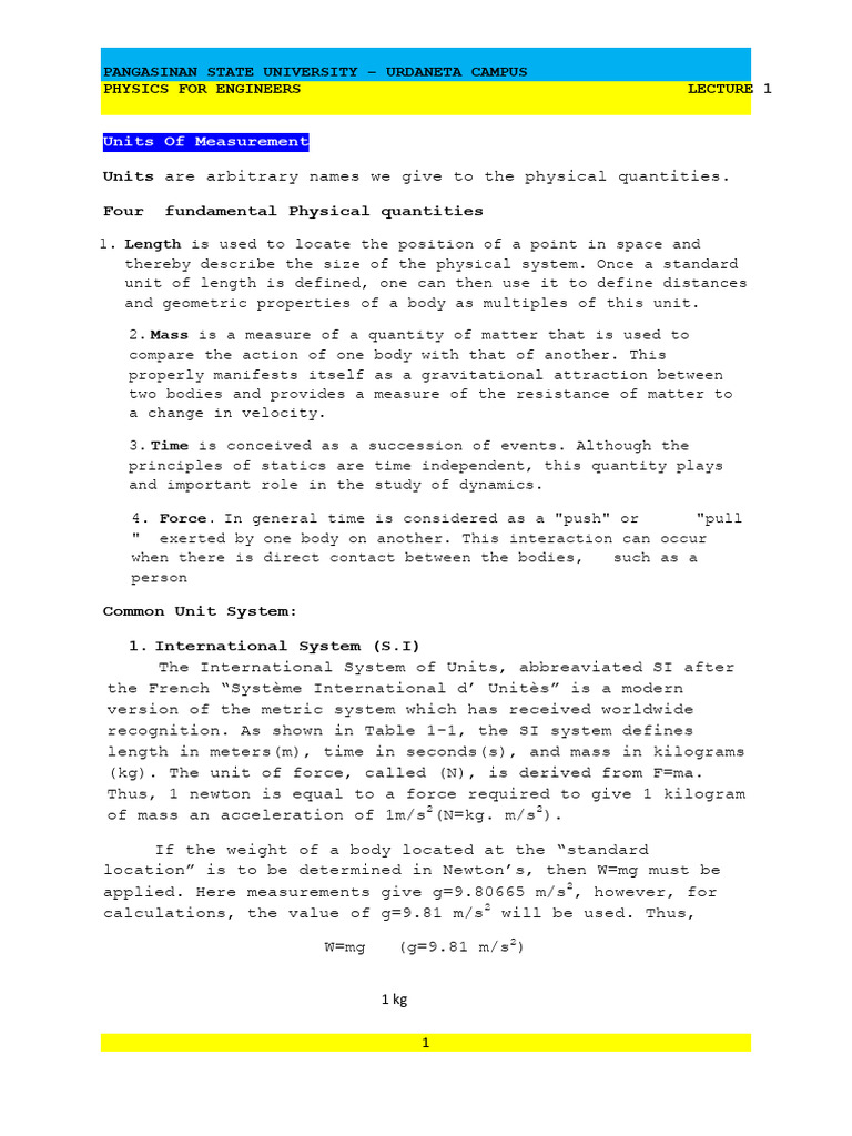 LECTURE 1 - Units of Measurement | PDF | Force | Significant Figures
