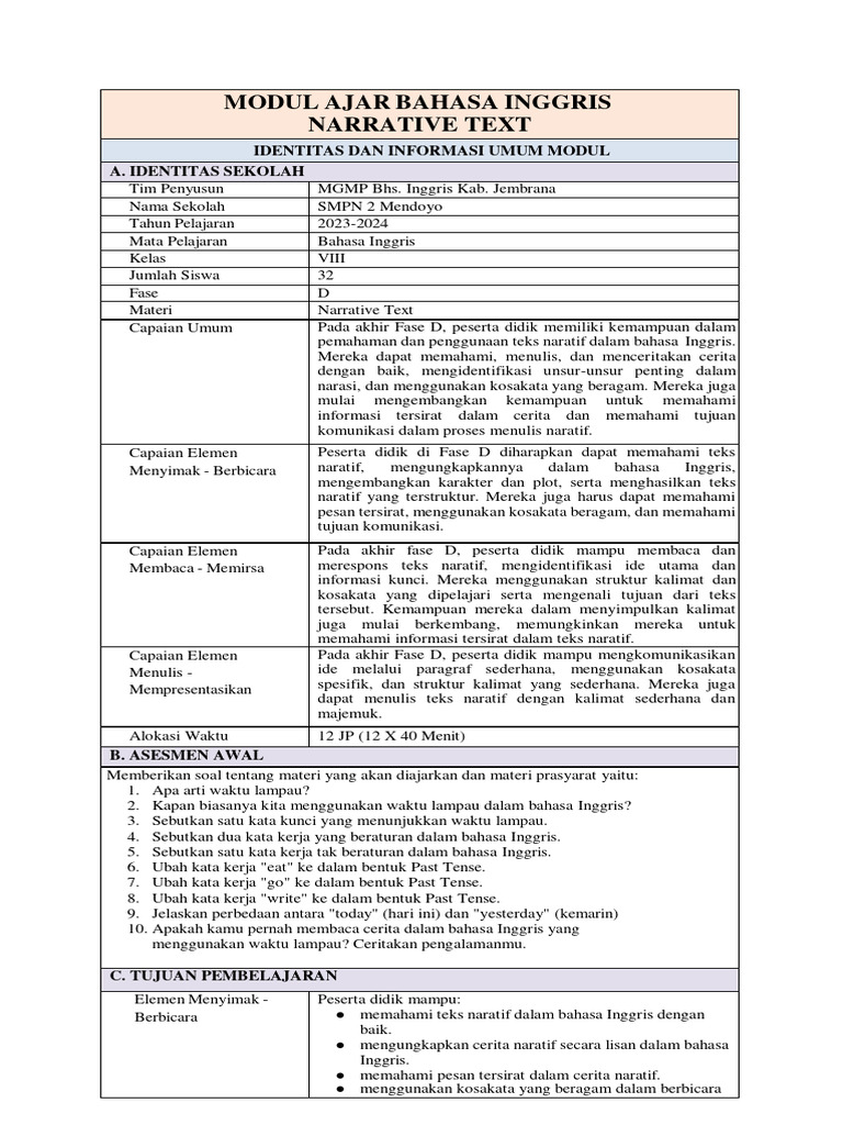 Modul Ajar Bahasa Inggris - Modul Ajar Bahasa Inggris Narrative Text ... Modul Ajar Bahasa Inggris - Modul Ajar Bahasa Inggris Narrative Text ...