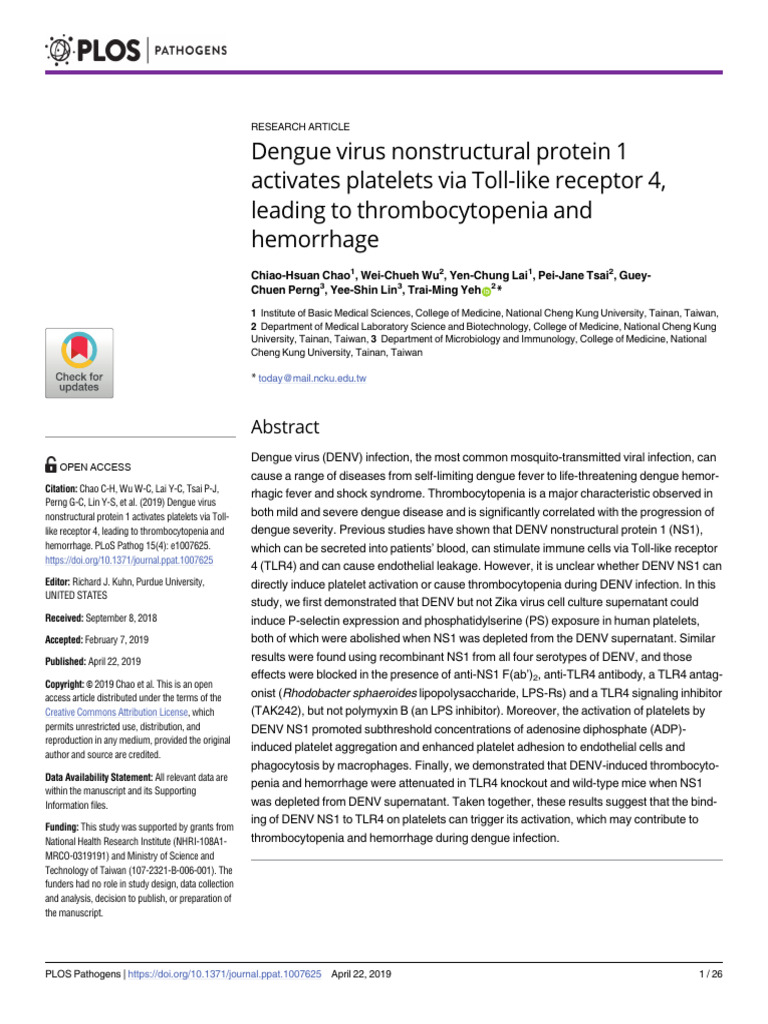 Dengue Virus Nonstructural Protein 1 Activates Platelets | PDF ...