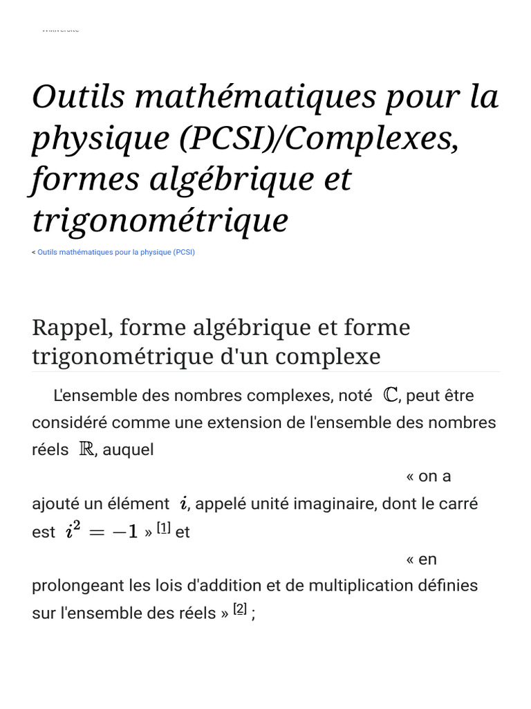 Outils Mathématiques Pour La Physique (PCSI) - Complexes, Formes ...