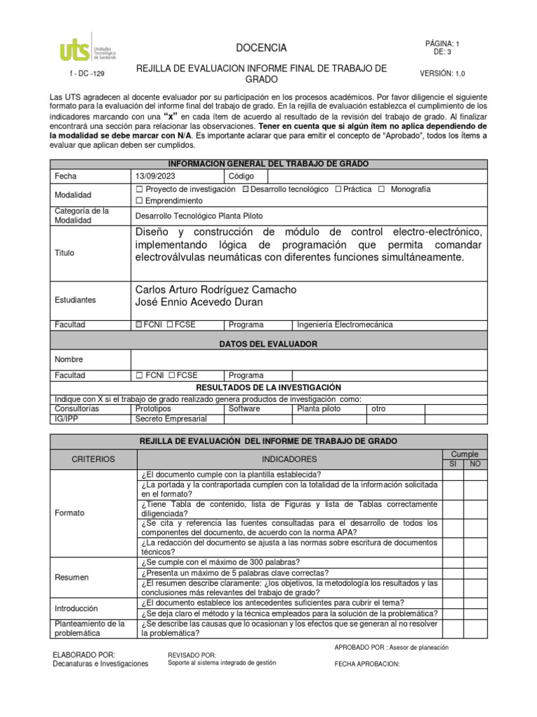 F-DC-129 Rejilla Evaluación Informe Final Trabajo Grado V1 | PDF ...