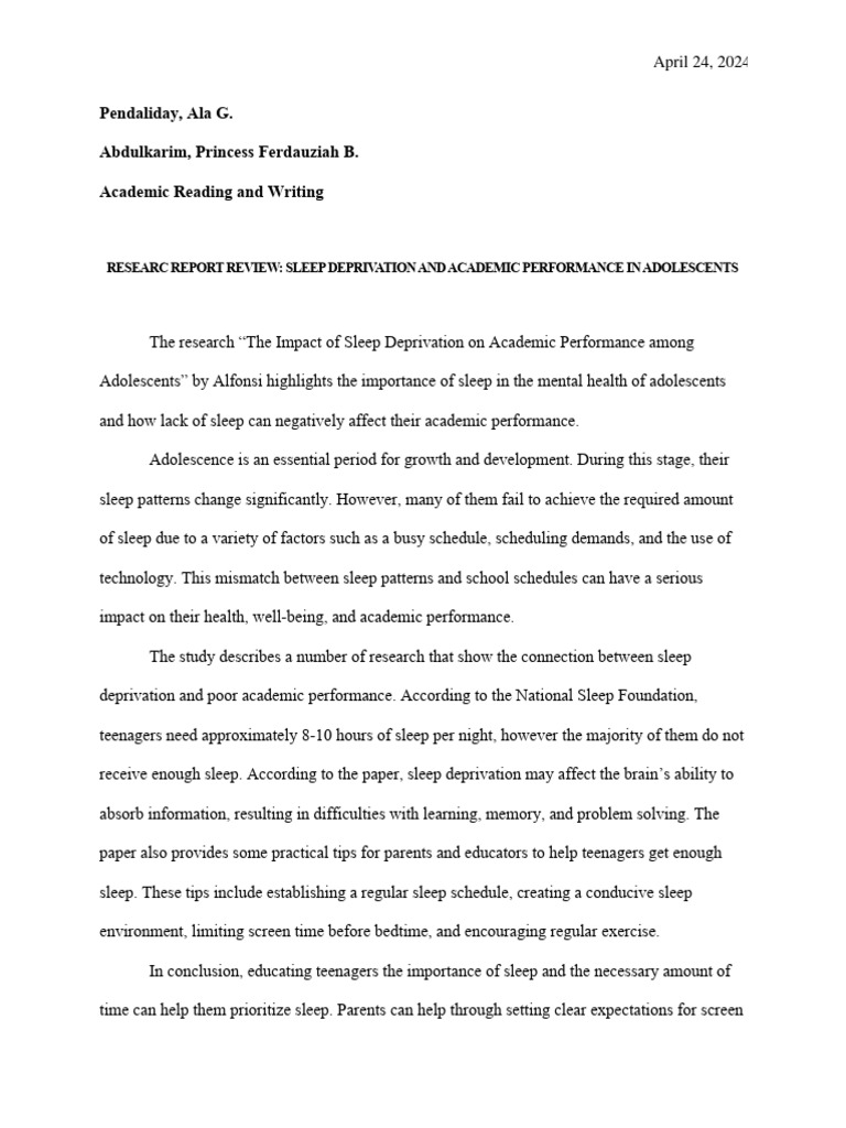 Research Report | PDF | Sleep | Sleep Deprivation