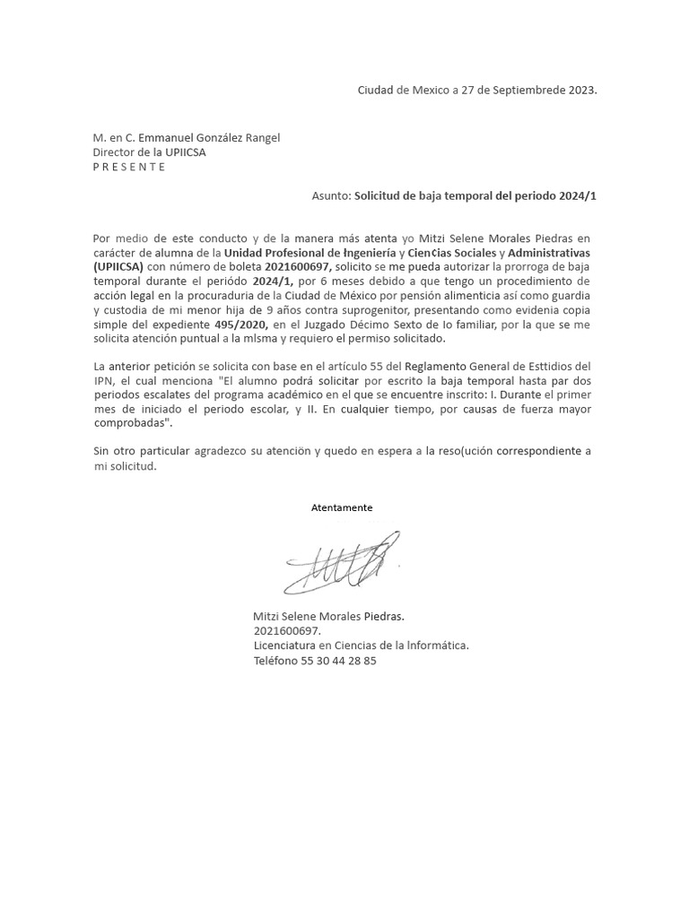 Solicitud Baja Temporal UPIICSA 2024/1 | PDF