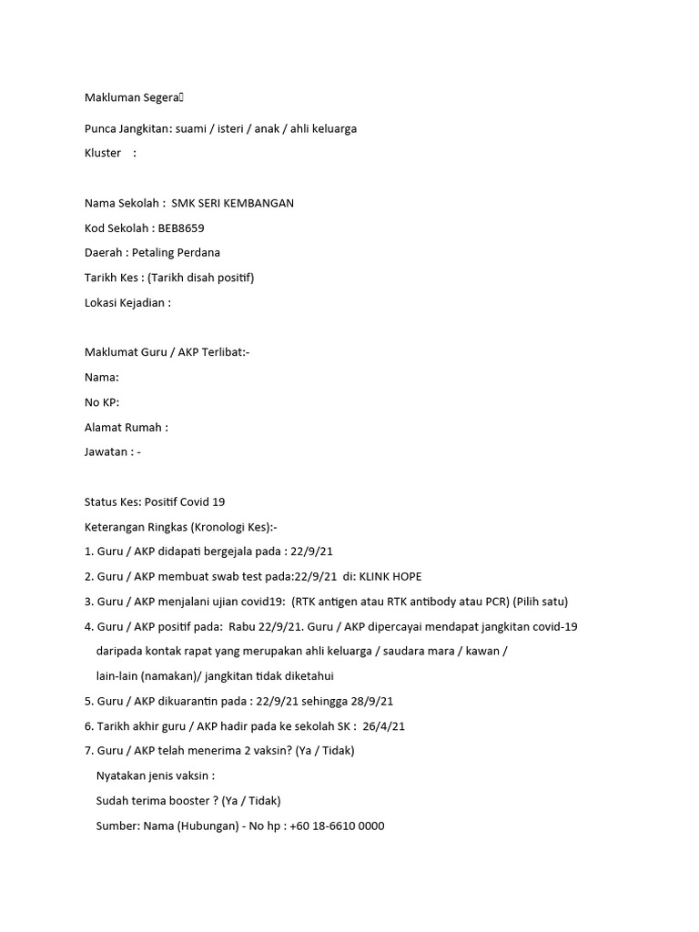 Laporan Awal Positif Covid 19 SMKSK Contoh Bagi Guru at AKP | PDF