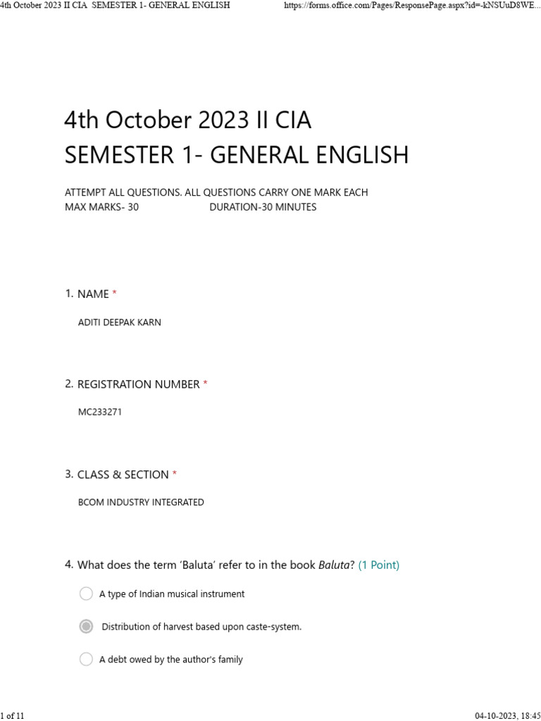 4th October 2023 II CIA SEMESTER 1 - GENERAL ENGLISH | PDF