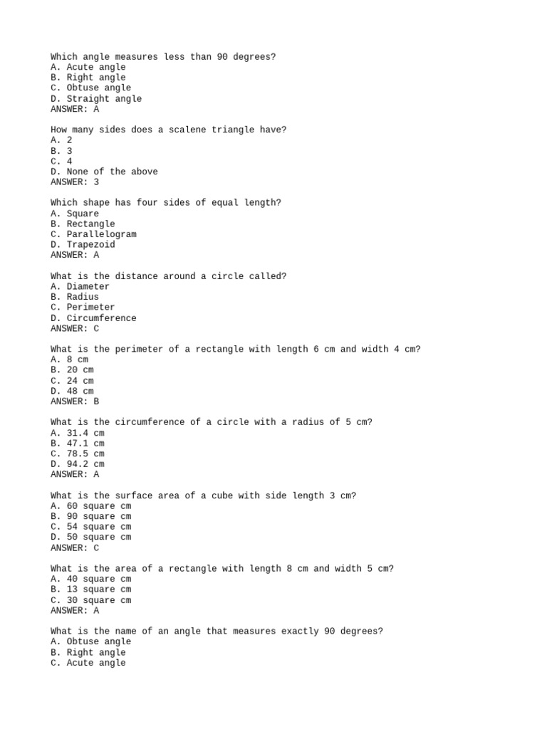 Which angle measures less than 90 degrees | PDF | Area | Triangle