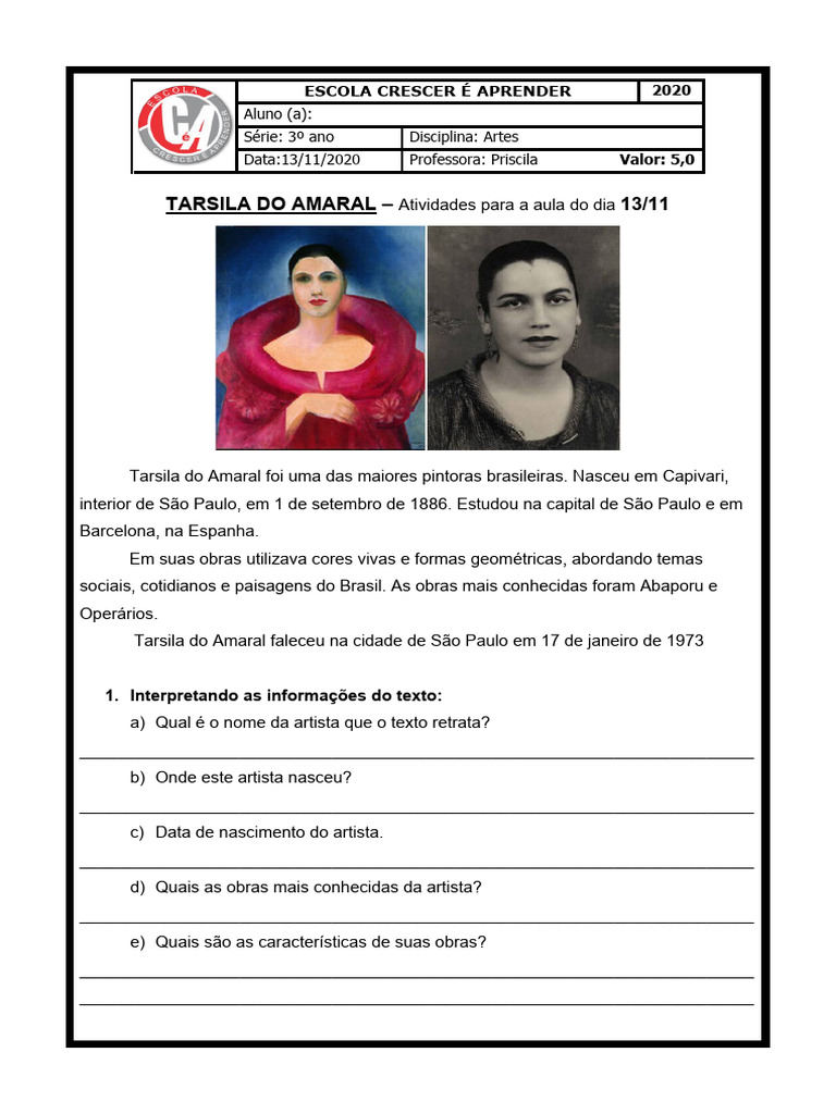 Atividade de Artes Tarcila Do Amaral 3º Ano | PDF