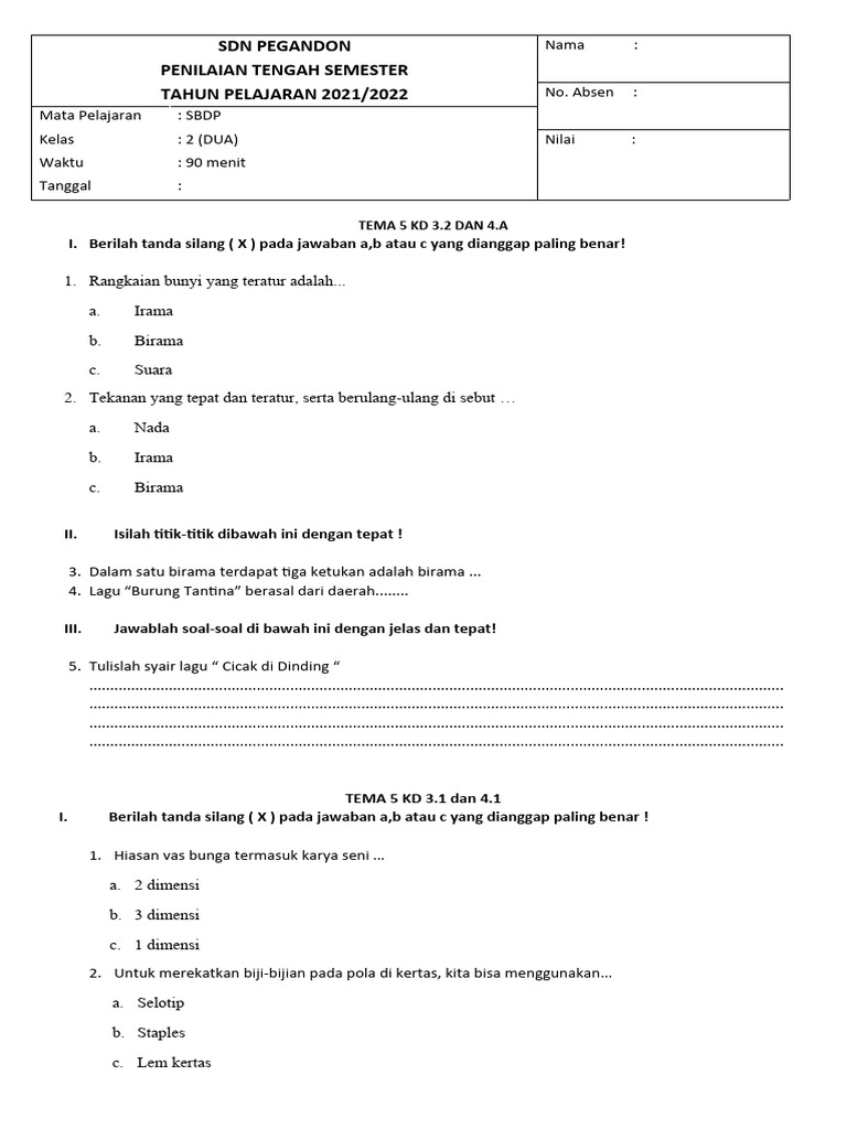 PTS Kelas 2 SBDP | PDF
