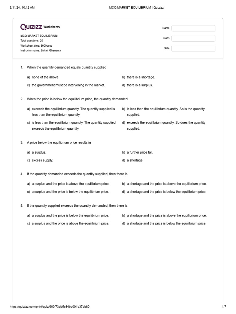 Mcq Market Equilibrium _ Quizizz | PDF | Economic Equilibrium ...