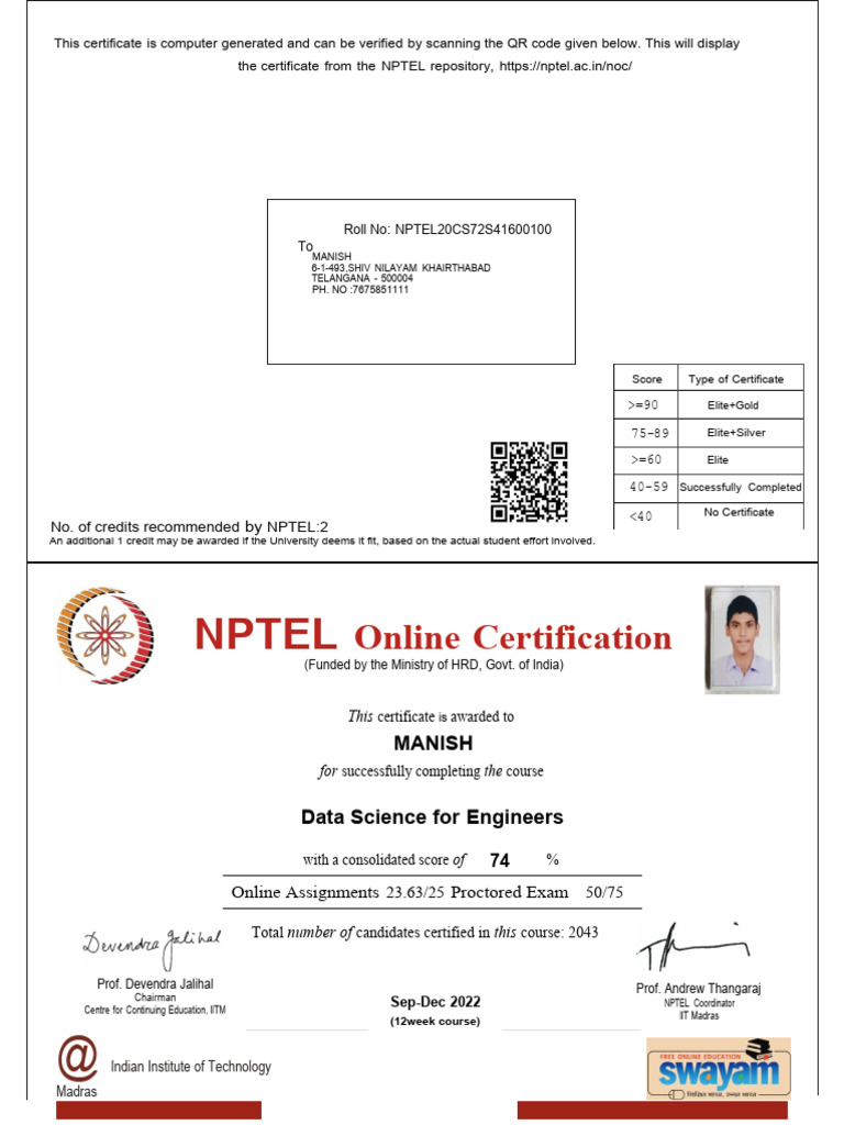 NPTEL Data Science for Engineers Certificate | PDF | Computing | Computer Science