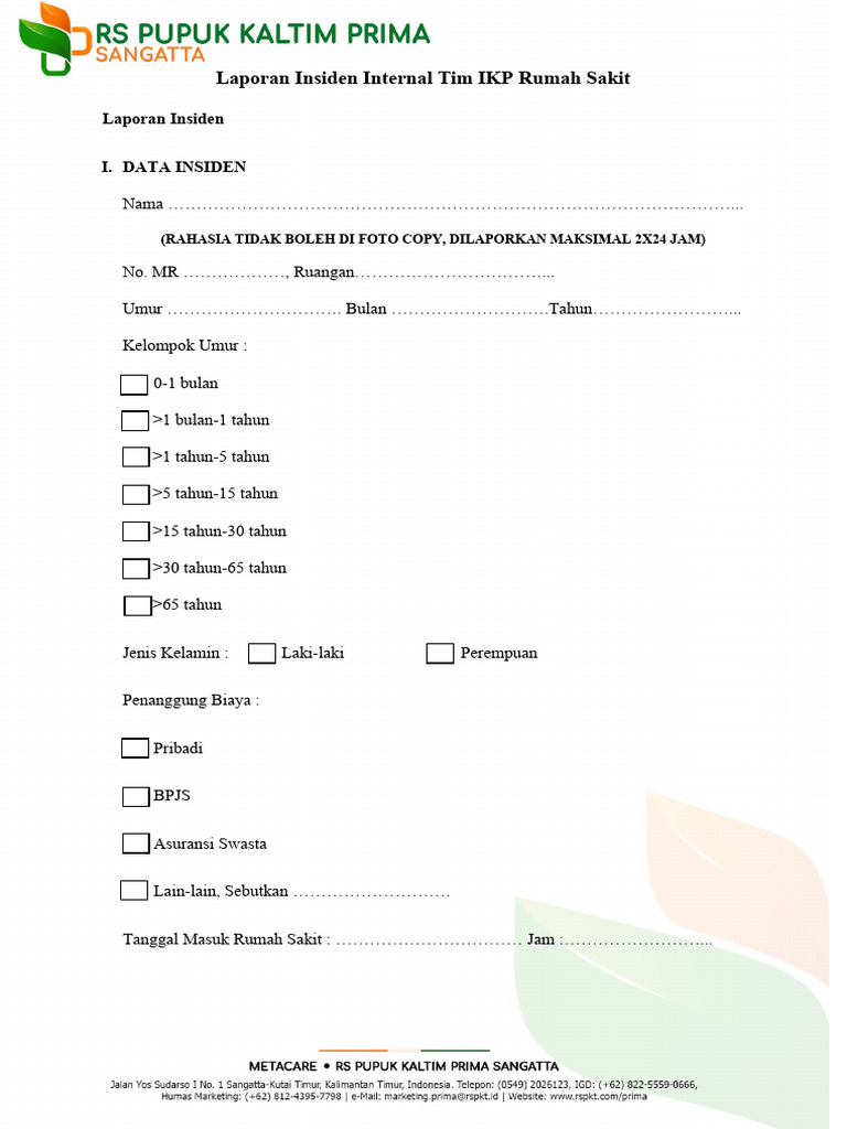 Form Laporan Insiden Internal Tim IKP Rumah Sakit Metacare | PDF
