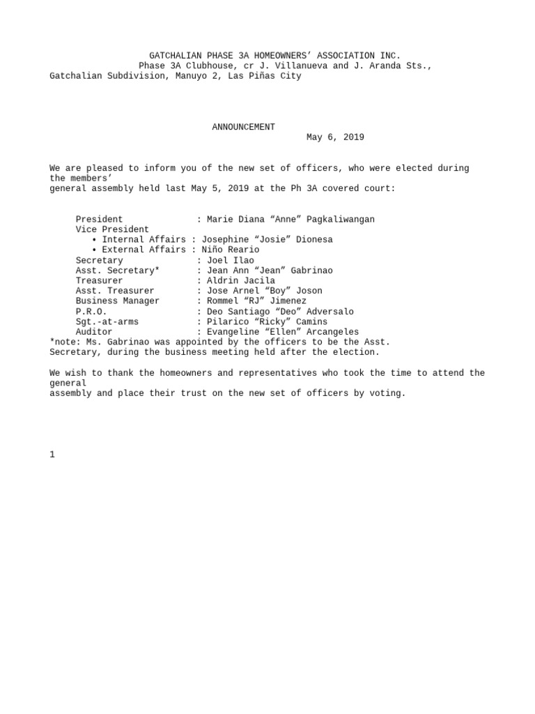 Announcement New Homeowners Association Officers | PDF