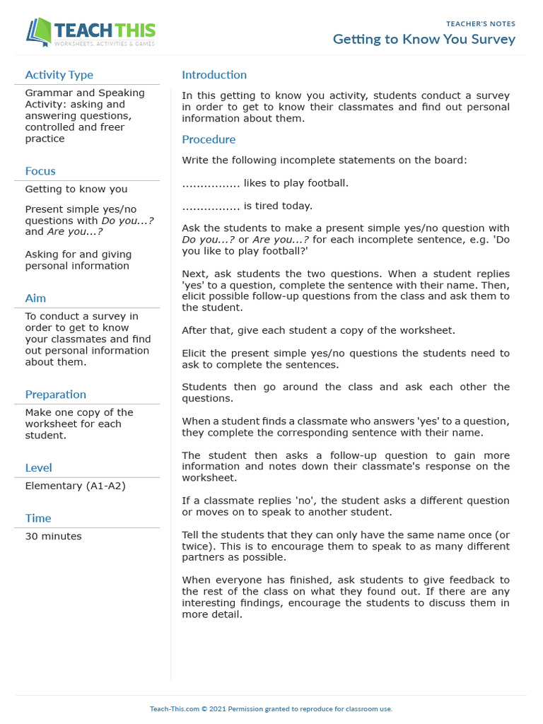 Getting To Know You Survey Pdf Question Linguistics