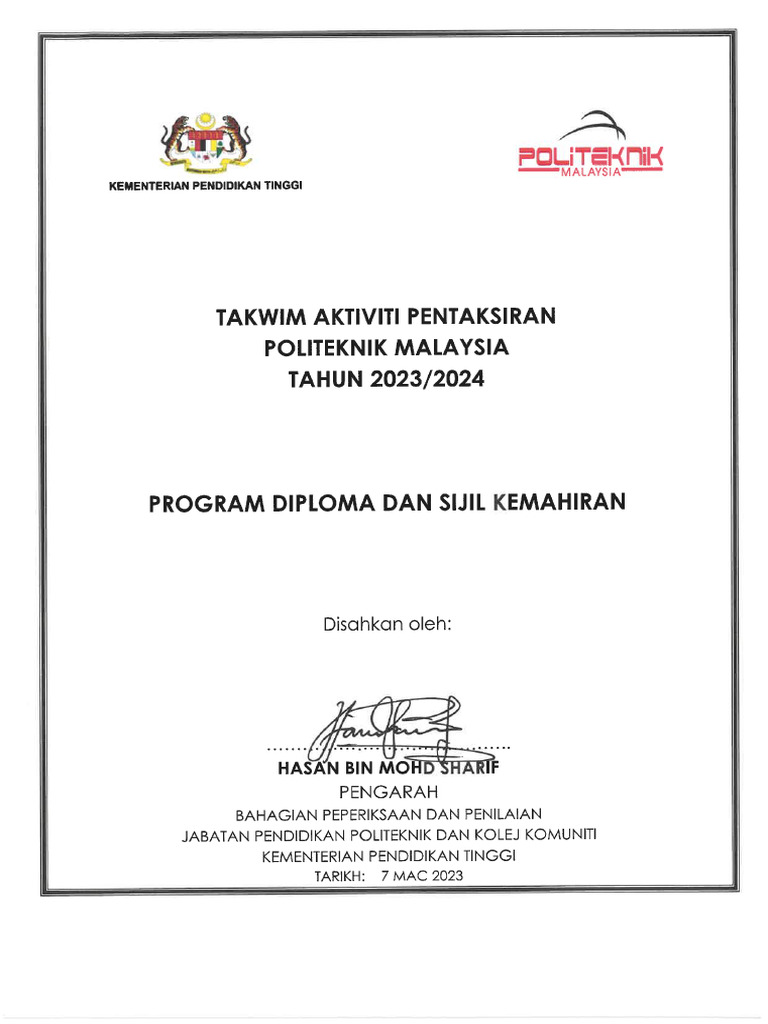 Takwim Aktiviti Pentaksiran Politeknik Program Diploma Sesi 2023 2024 | PDF