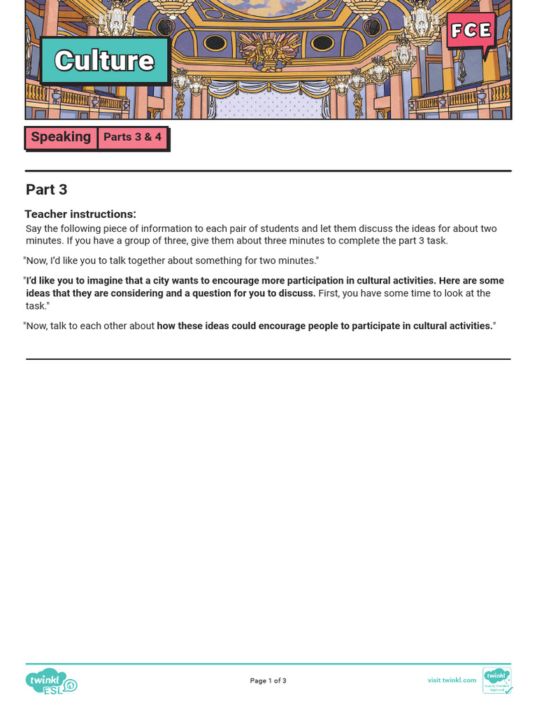 T e 1687944423 Esl b2 Fce Speaking Part 3 and 4 Practice Culture - Ver ...