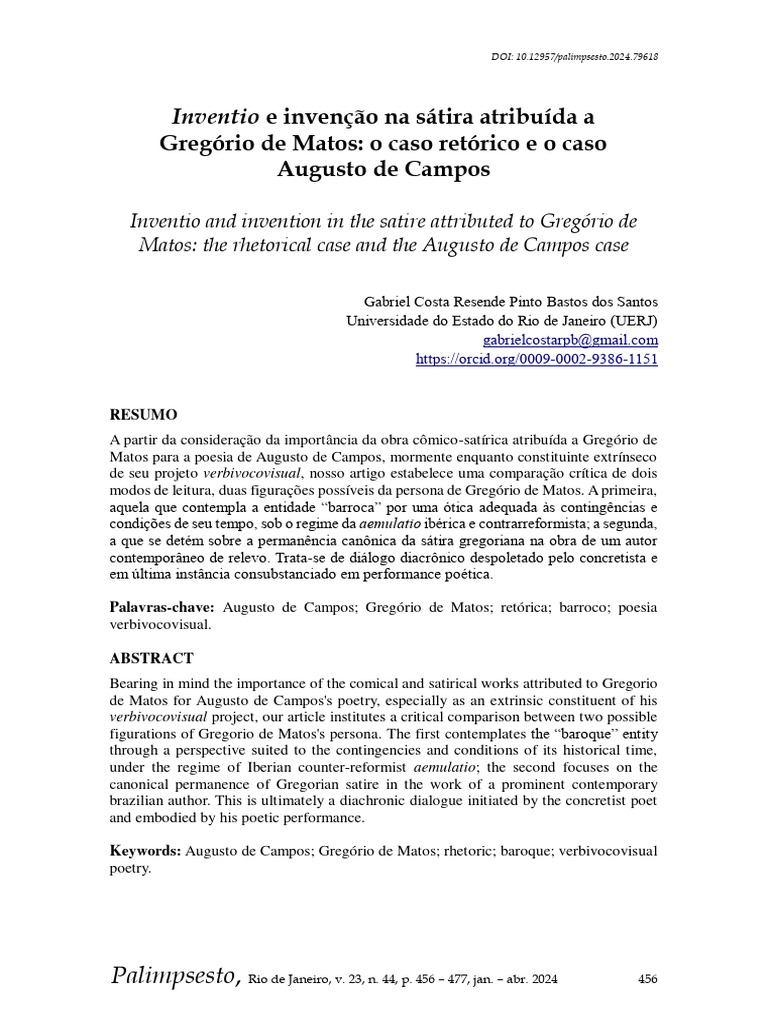Inventio e Invenção Na Sátira Atribuída A Gregório de Matos: o Caso ...