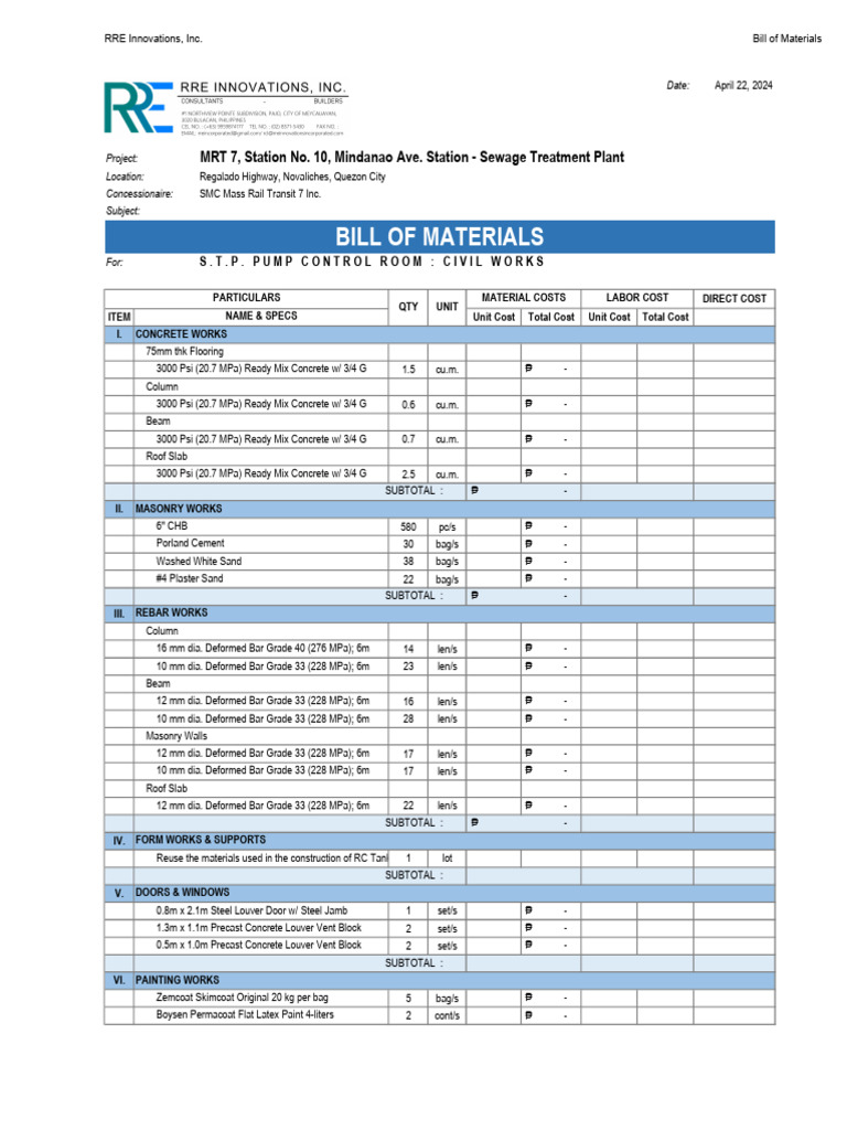 BOM - MRT 7, Station 10, STP Project, Pump Control Room | PDF ...