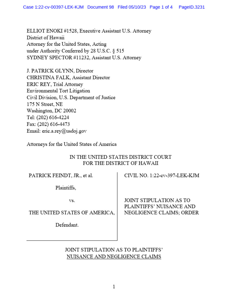 Joint Stipulation Document in Red Hill Lawsuit | PDF | Lawsuit | Negligence