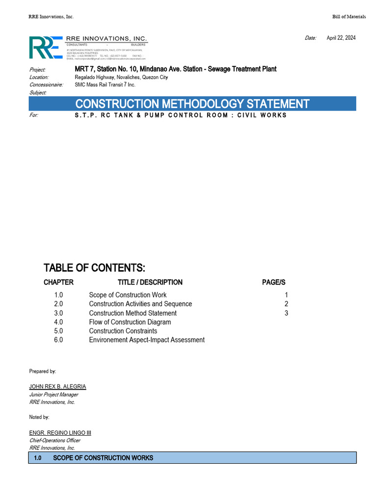 Construction Methodology Statement: Table of Contents | PDF | Concrete | Structural Engineering