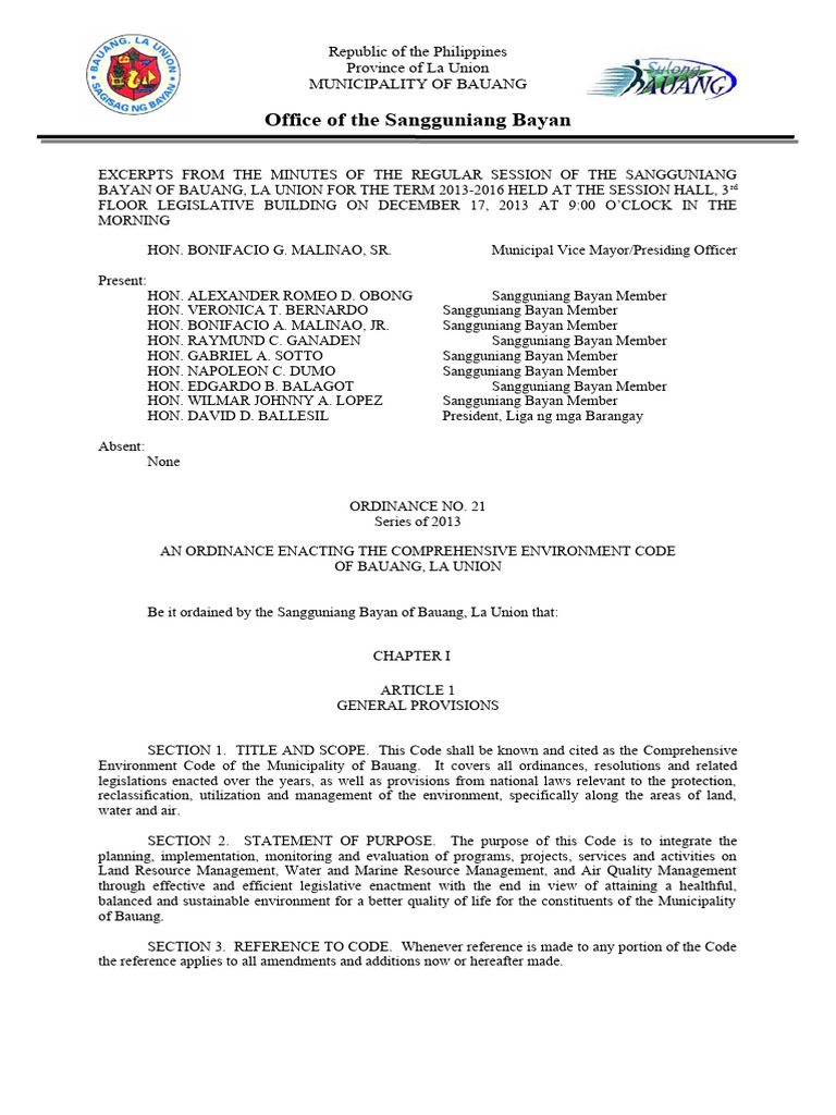 Bauang La Union Environment Code 2013 | PDF | Water Pollution | Waste