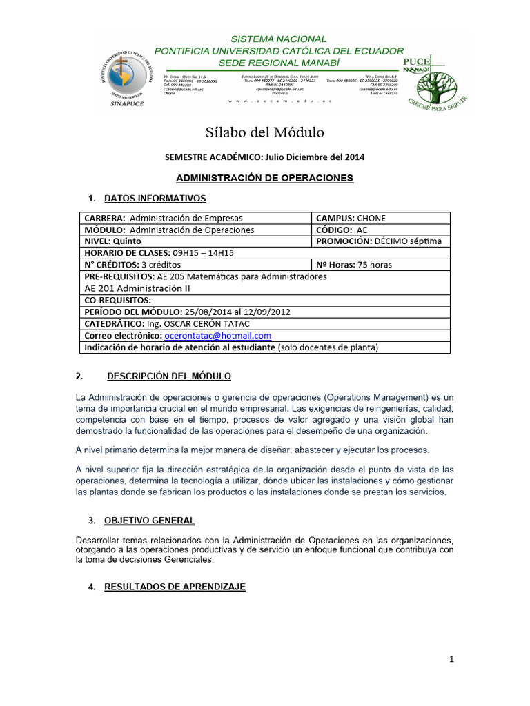 Sílabo Del Módulo ADMINISTRACION OPERACIONES 2014 | PDF | Aprendizaje | Evaluación