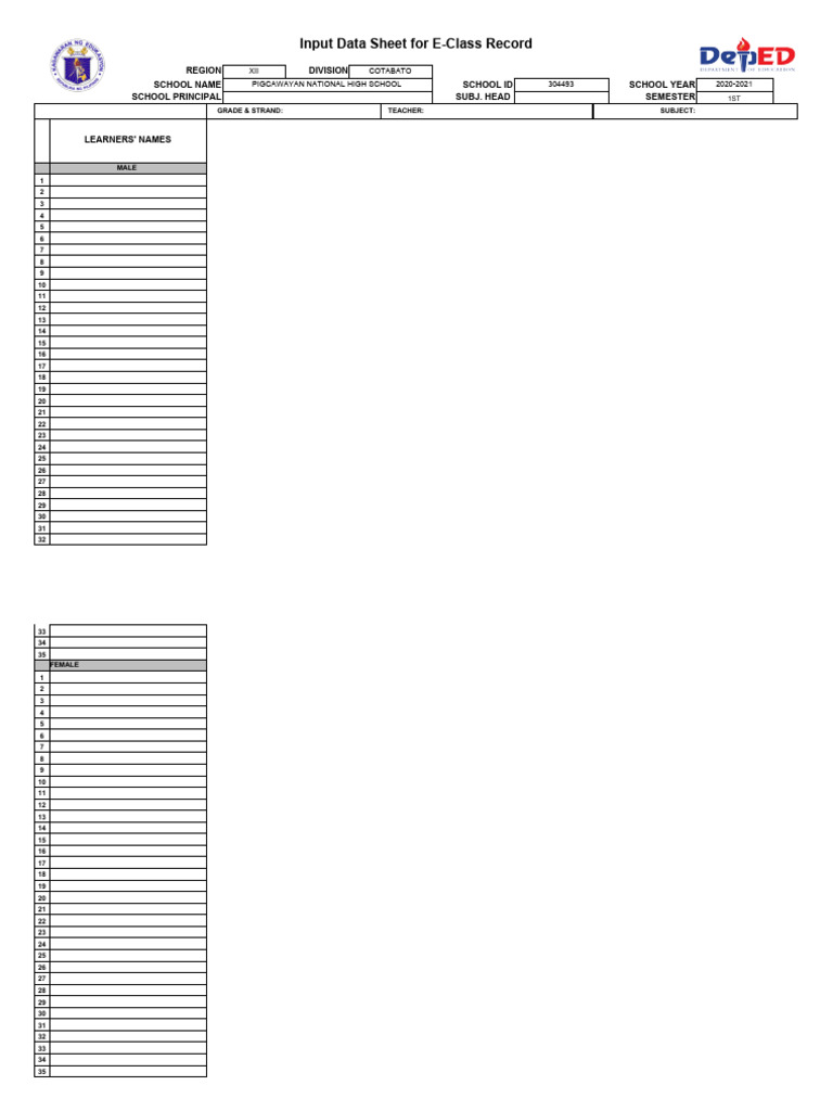 E Class Record For Core Subjects and Applied and Specialized Subjects ...