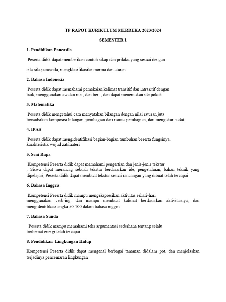 TP Rapot Kurikulum Merdeka 2023 | PDF