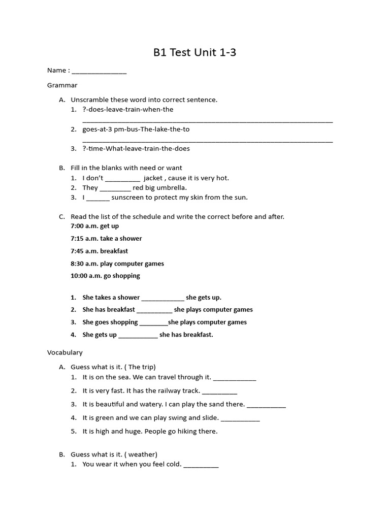 B1 Test Unit 1 (1) (Grade1 Test) | PDF