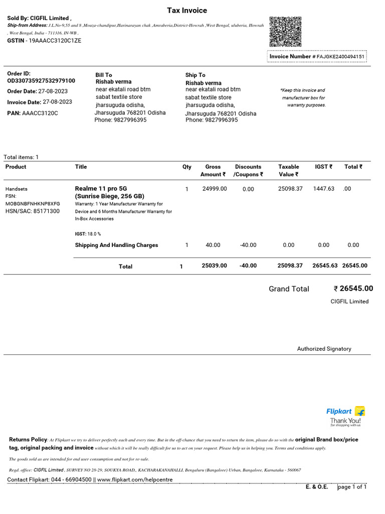 Invoice for Realme 11 Pro 5G | PDF