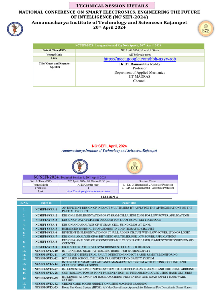 Upadated - Technical Sessions Schedule NC-2024-1 | PDF | Internet Of Things | Machine Learning