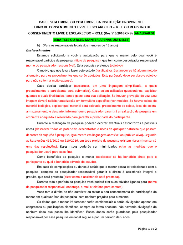 MODELO 9 TCLE Ou RCLE para Os Pais Ou Responsáveis Dos Menores de 18 ...