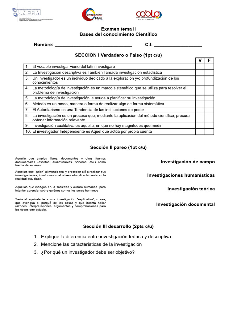 Examen de Bases del Conocimiento Científico | PDF | Conocimiento ...