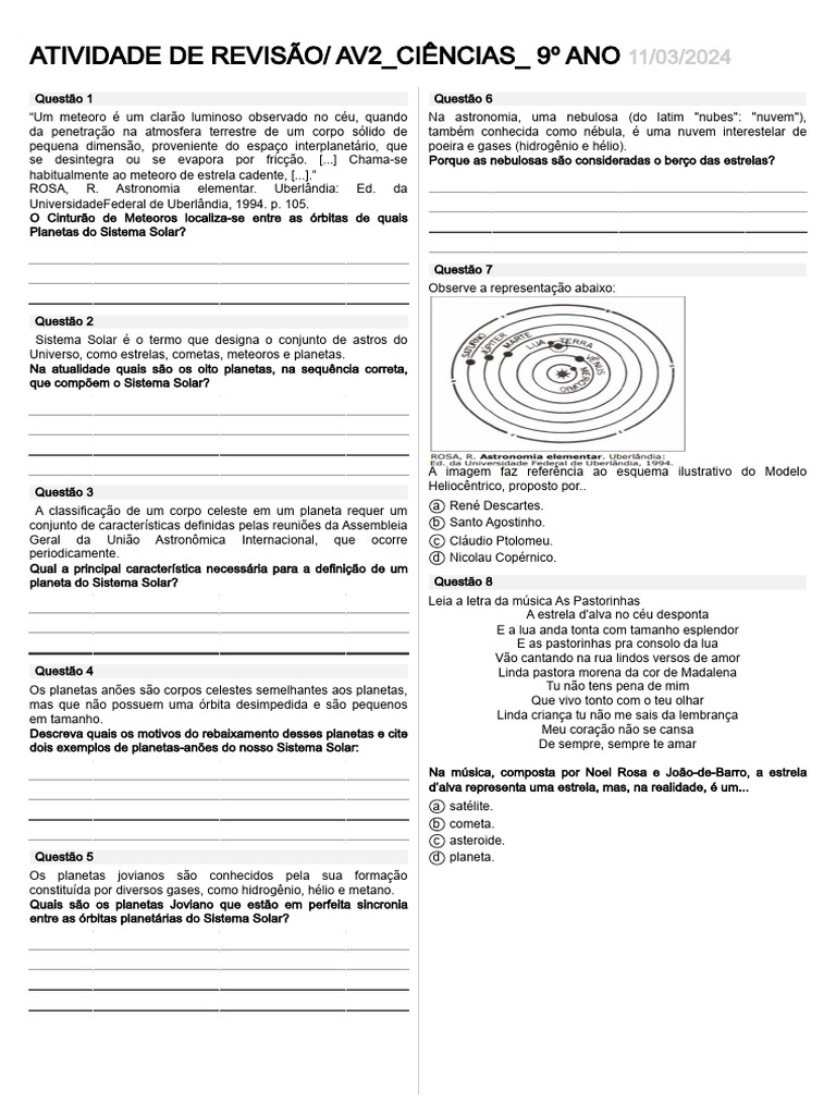 Atividade de Revisão - Av2 - 9ºano | PDF | Planetas | Sistema Solar
