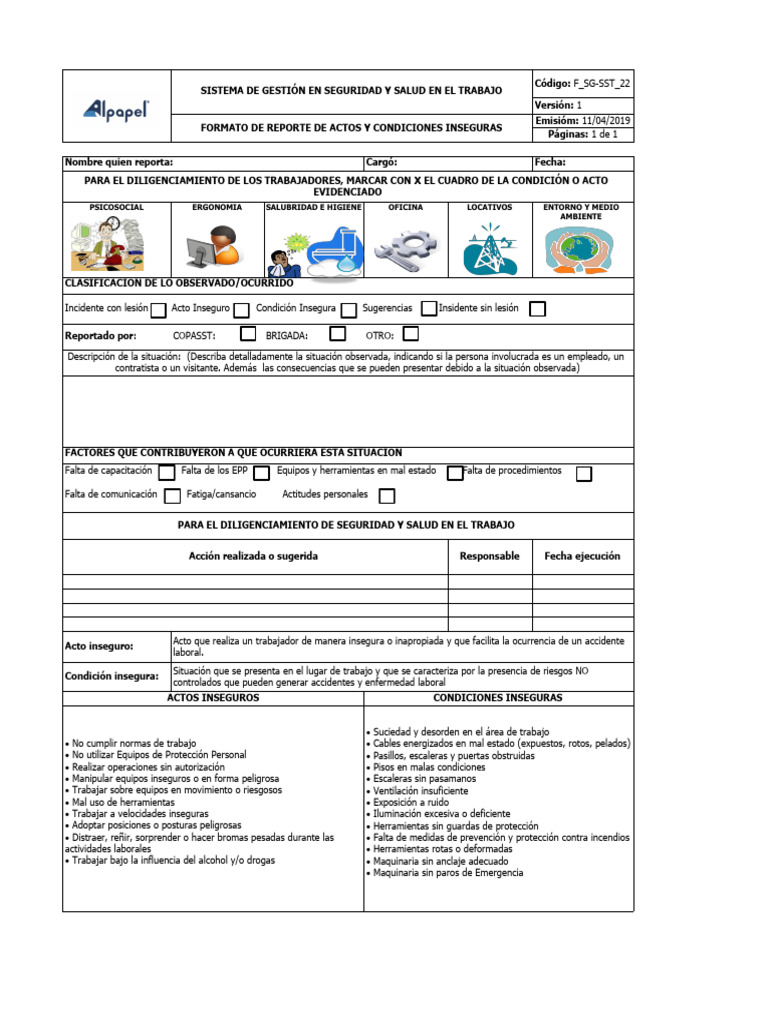 FO-SST-004 Formato de Reporte de Actos y Condiciones Inseguras - XLSX - Reporte | PDF