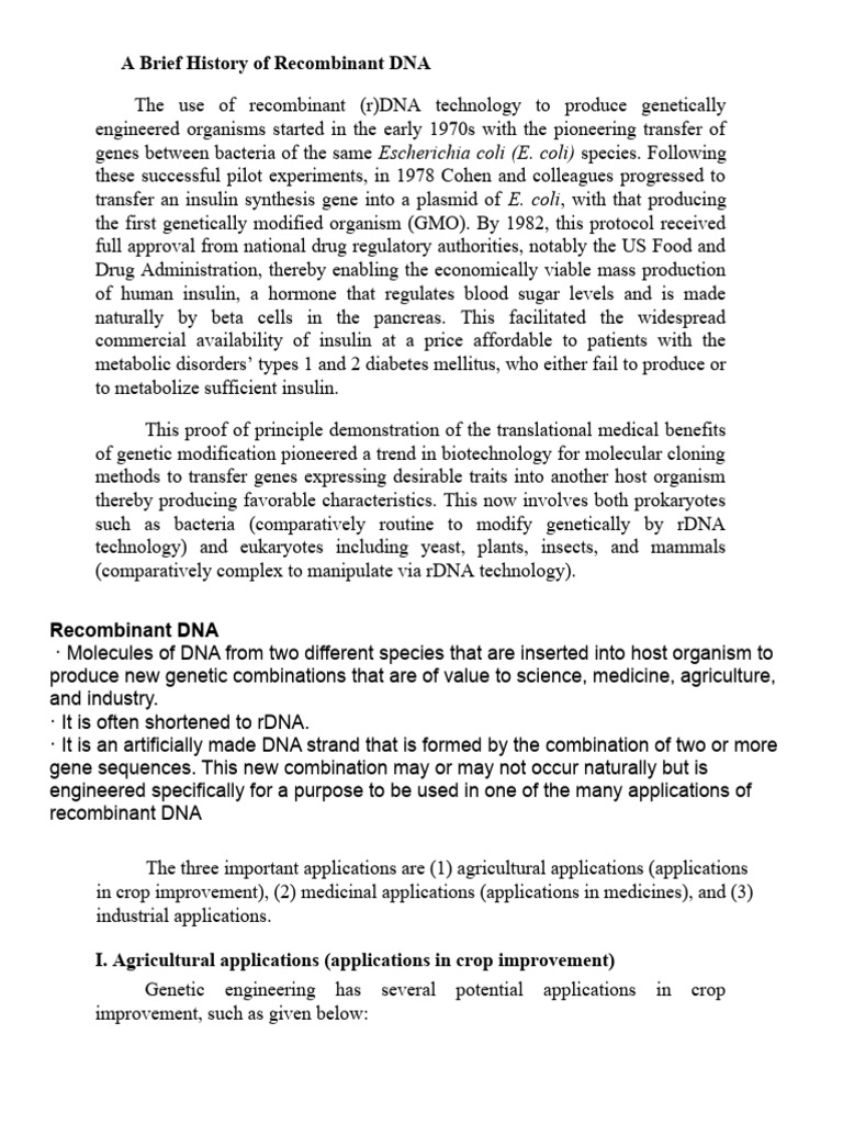 rDNA and Genetic Engineering Notes | PDF | Recombinant Dna | Genetic ...