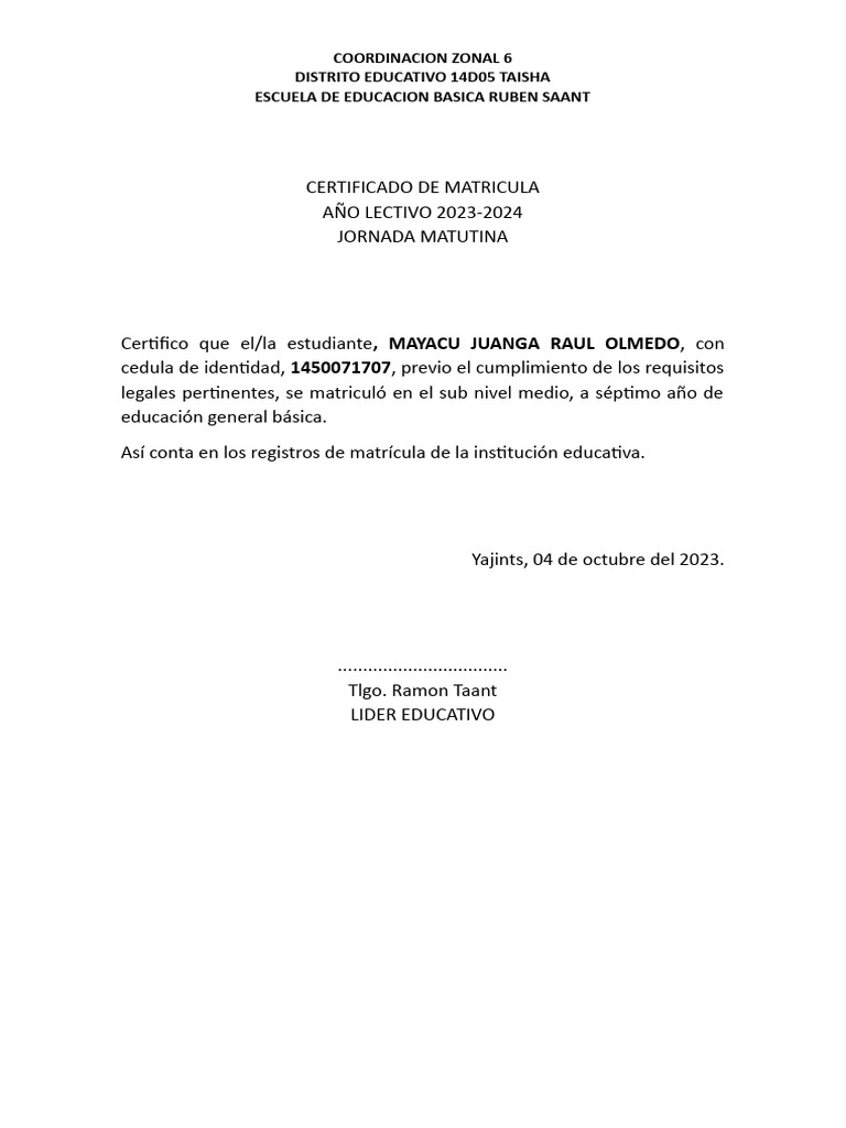 Certificado de Matricula | PDF