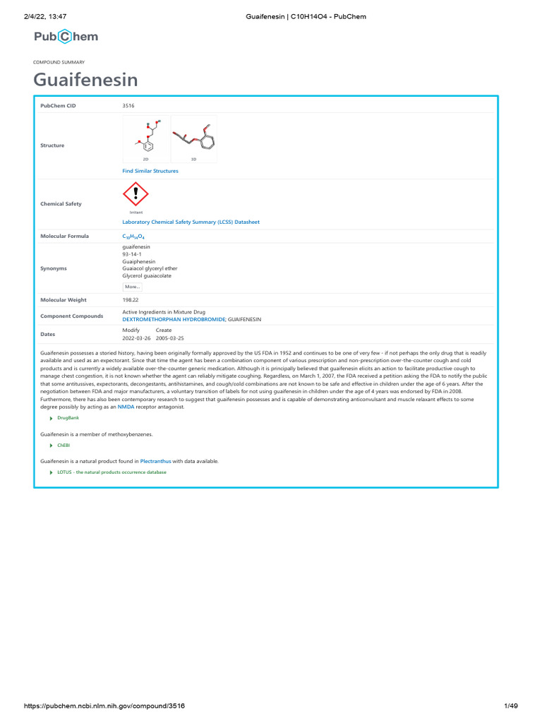 Guaifenesin - C10H14O4 - PubChem | PDF