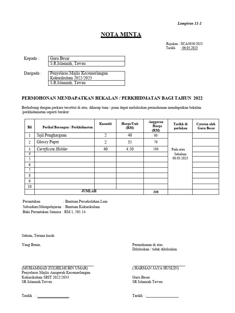 Nota Minta Quong Ming 2024 1 | PDF