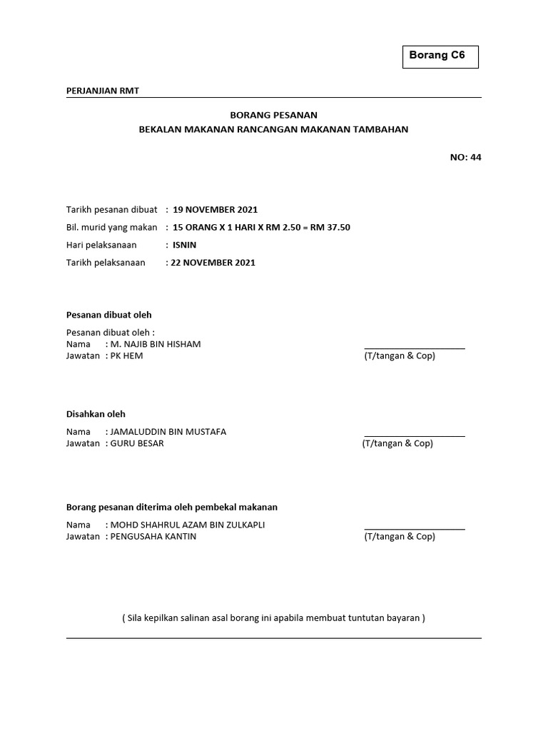 Borang C6 Pesanan RMT | PDF