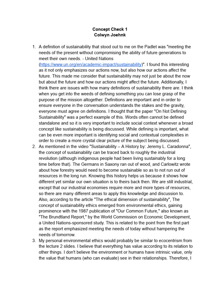 Colwyn Joehnk Concept Check 1 | PDF | Sustainability | Environmental Ethics