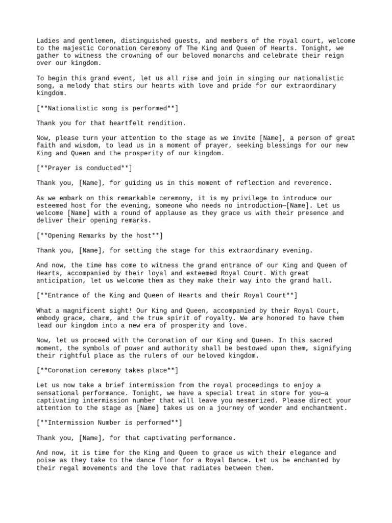 Script For King and Queen of Hearts Coronation | PDF | Monarchy