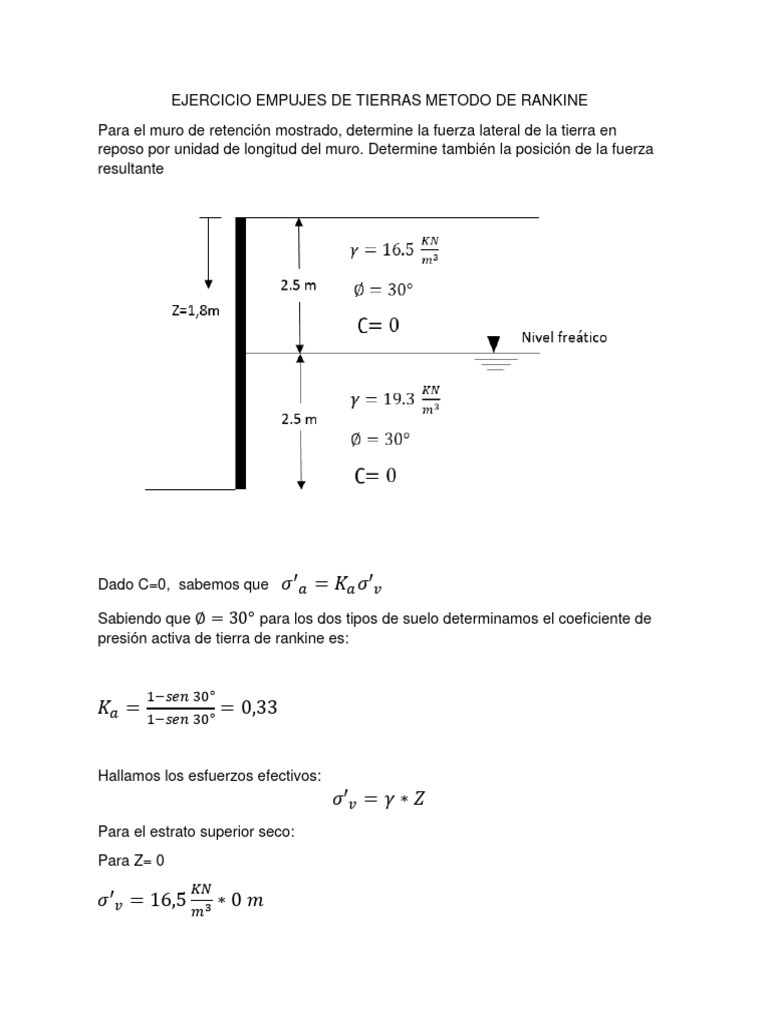 Ejercicio Empujes de Tierras Metodo de Rankine | PDF